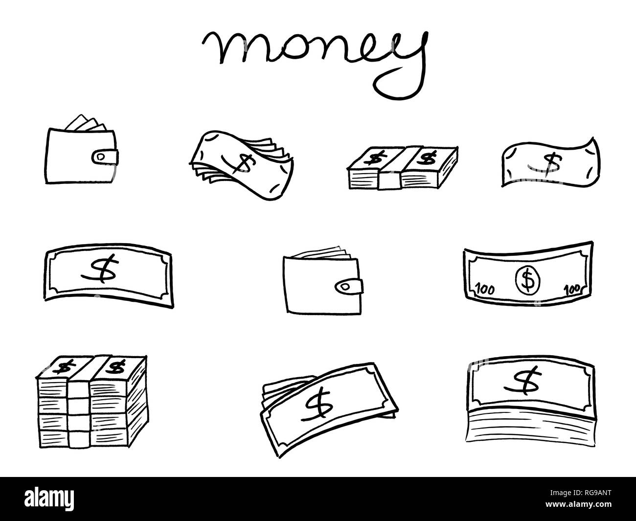 Money icons - sketchy doodle style illustration with banknotes and ...