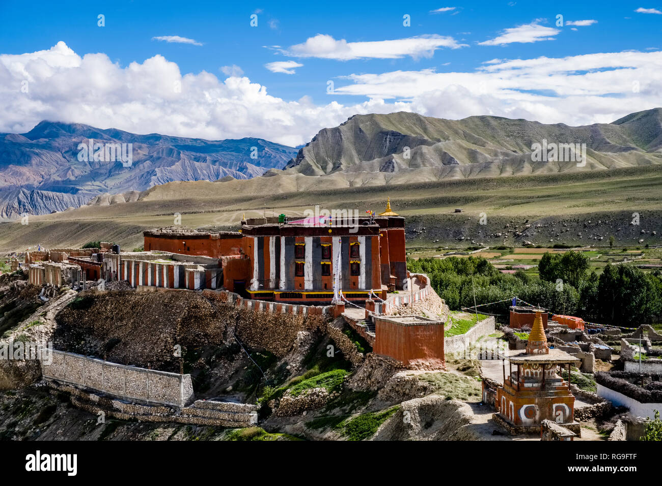 The monastery of village is located on a hill in Upper Mustang Stock ...