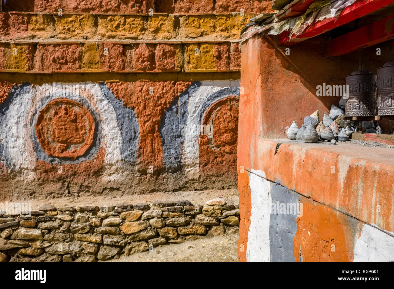 Colorfully painted buildings of the monastery, located on a hill in ...