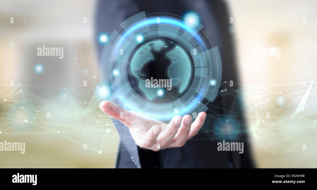 businessman hand with digital technology earth planet Stock Photo - Alamy