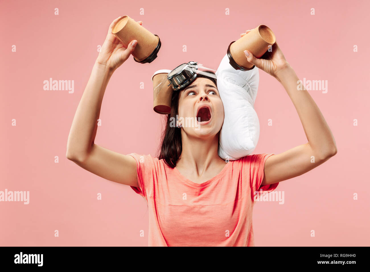 Tired happy woman drinking coffee at home or office having too much ...