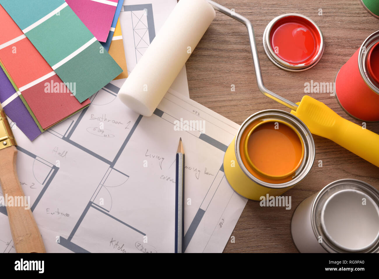 Project home decoration with open paint cans and tools. Top view ...