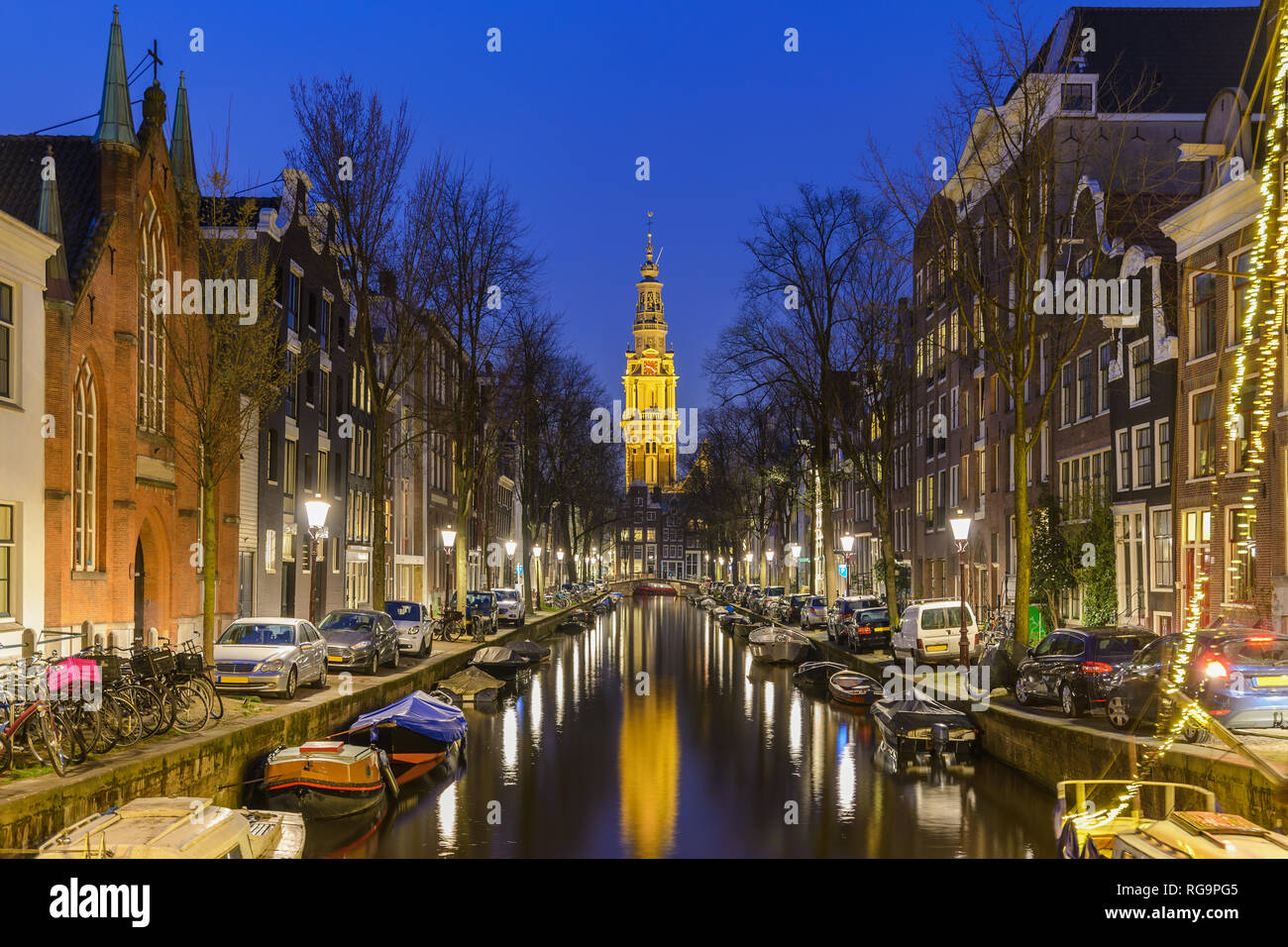 Amsterdam Netherlands, night city skyline at canal waterfront with ...