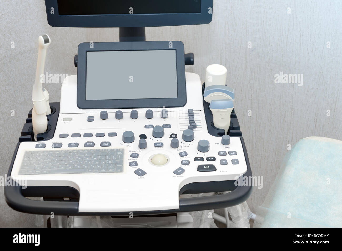 Interior of examination room with ultrasonography machine in hospital ...