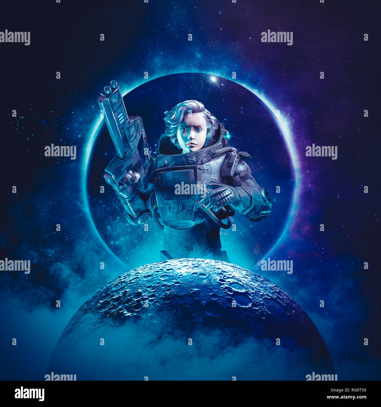 Young female space cadet / 3D illustration of science fiction scene ...