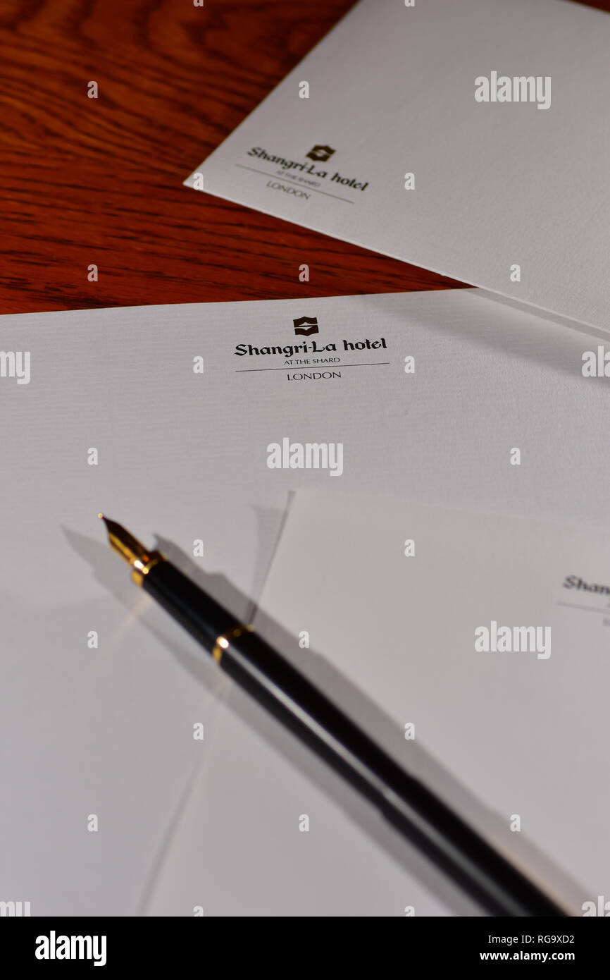 Writing paper in the Shangri La Hotel at The Shard London UK Stock ...