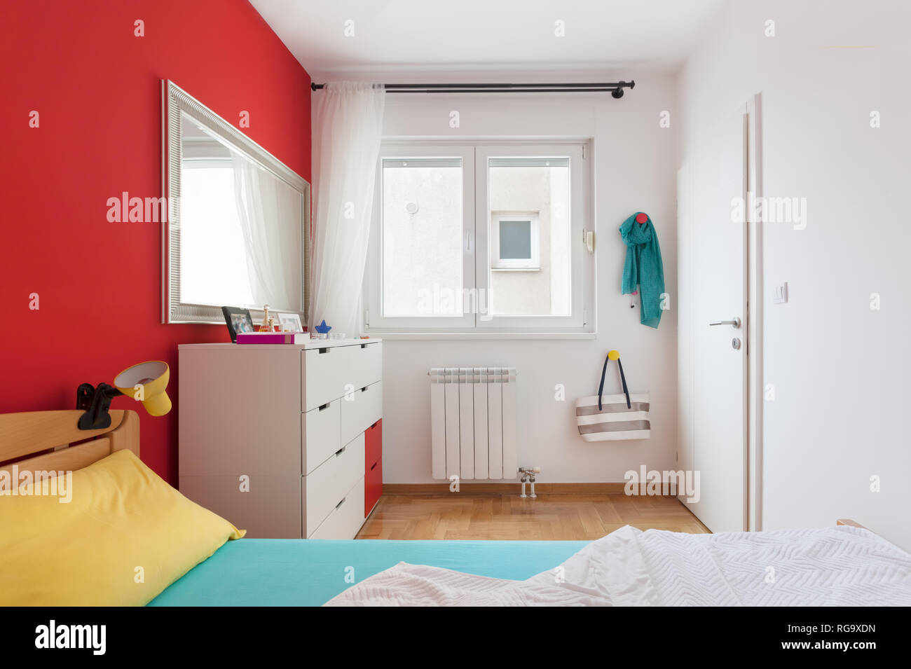 Cozy modern colorful bedroom interior with bed sheet and geometry ...