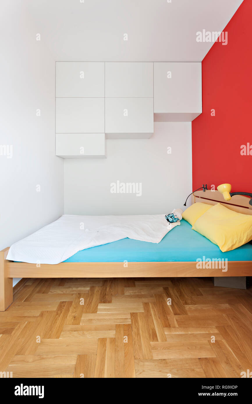 Cozy modern colorful bedroom interior with bed sheet and geometry ...