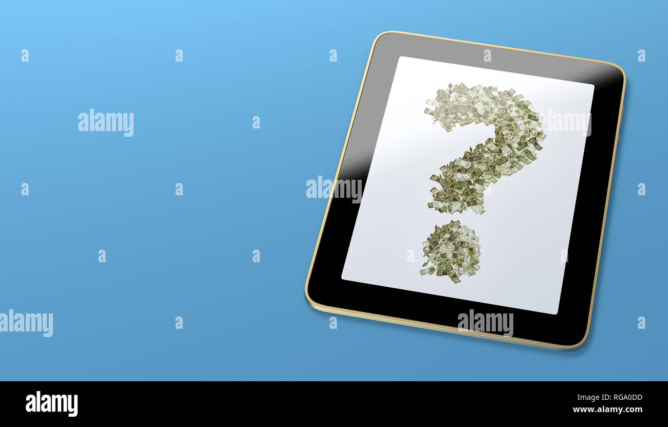 Generic Tablet displaying a question mark made fom Dollar bills - 3d ...