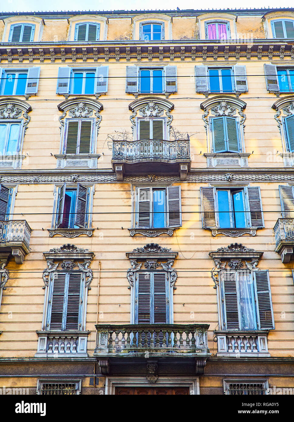 Neoclassical facade of a typical European building. Turin, Piedmont ...