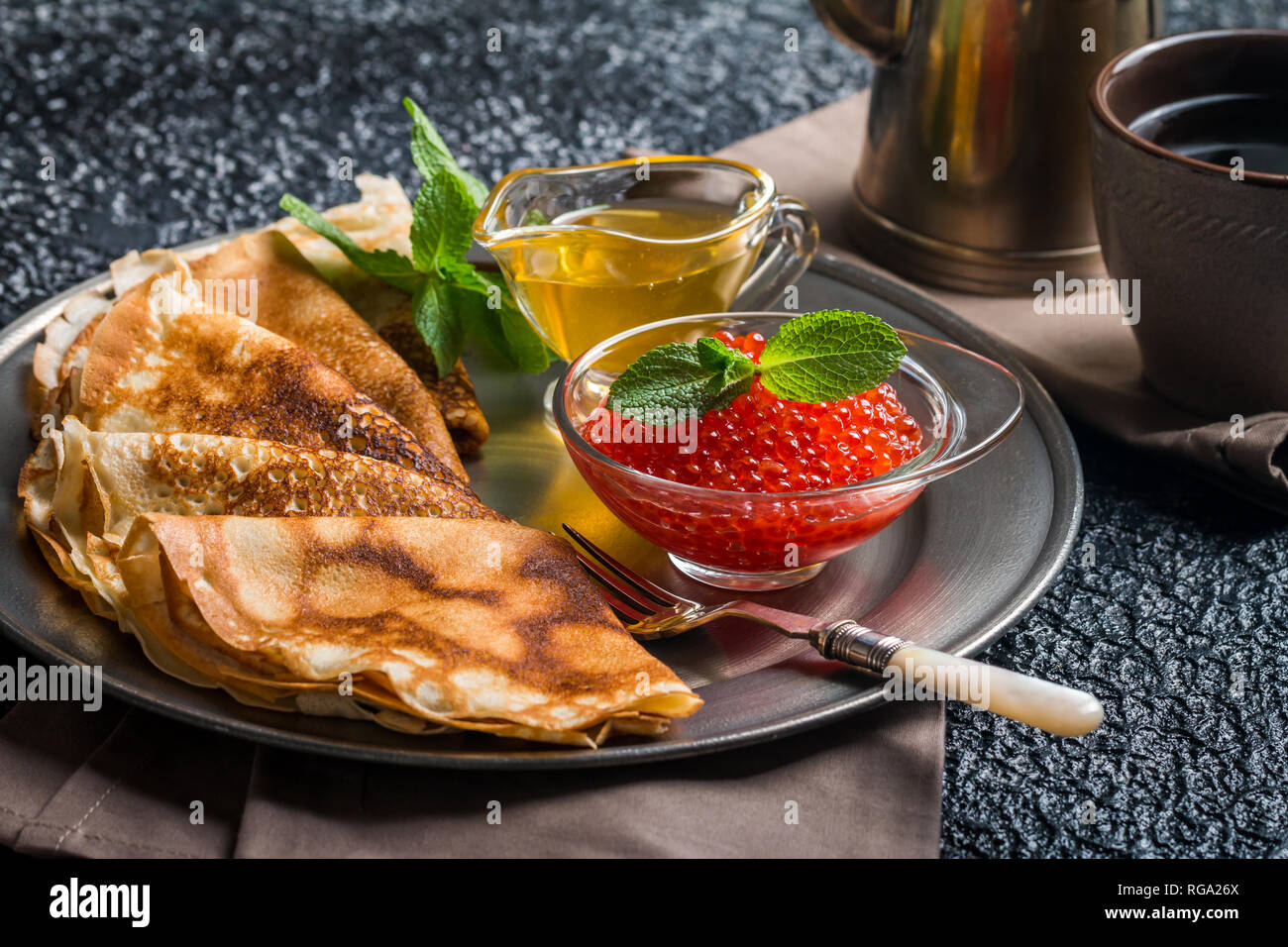 Yeast pancakes, traditional for Russian pancake week witn red cavier ...