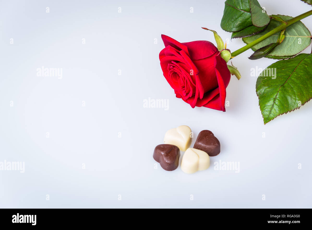 Red rose with four chocolate hearts Stock Photo - Alamy