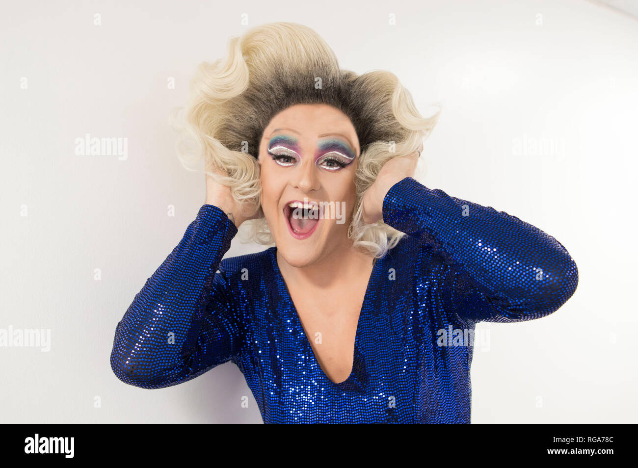 Cardiff, United Kingdom. 25 Januray 2019. Cody Jones poses in drag with ...