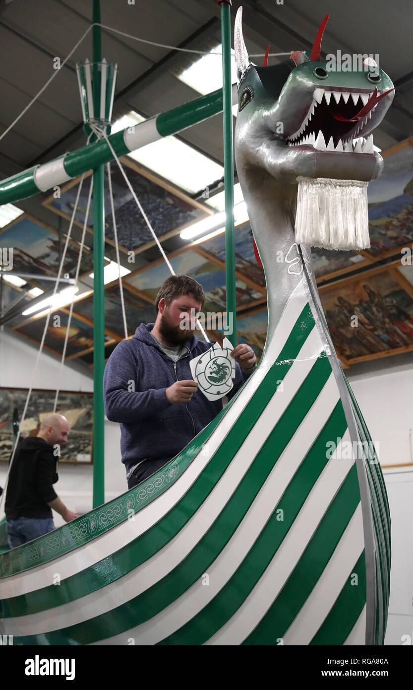 Russell Cluness decorates the 2019 Up Helly Aa galley, which is painted ...