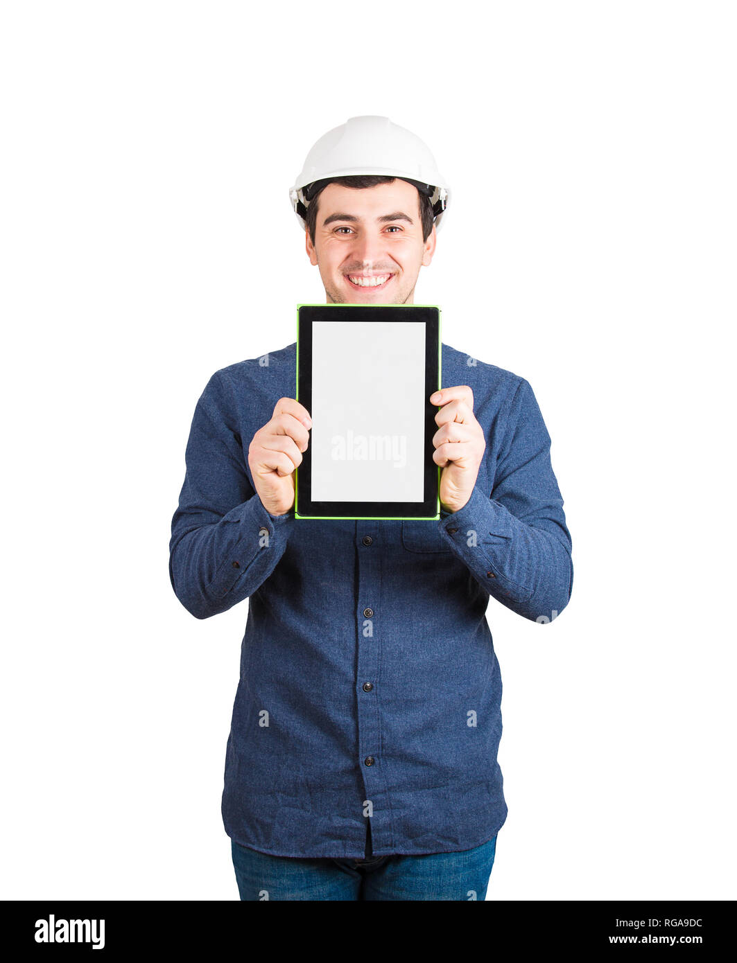 Creative cheerful young man engineer wearing protective helmet holding ...