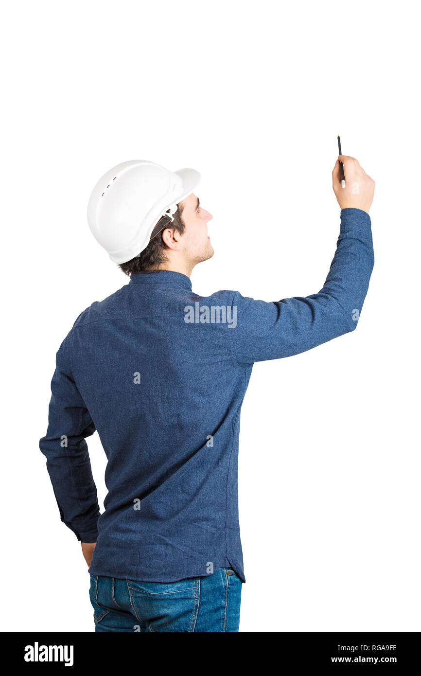 Rear view of creative young man engineer wearing protective helmet ...