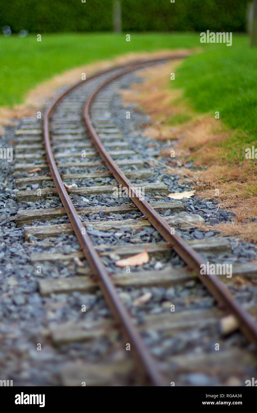 Low perspective image of narrow guage railroad tracks for a children's ...