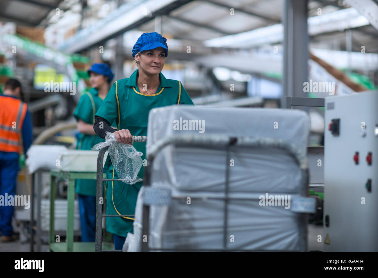 Woman pushing cart in factory Stock Photo - Alamy
