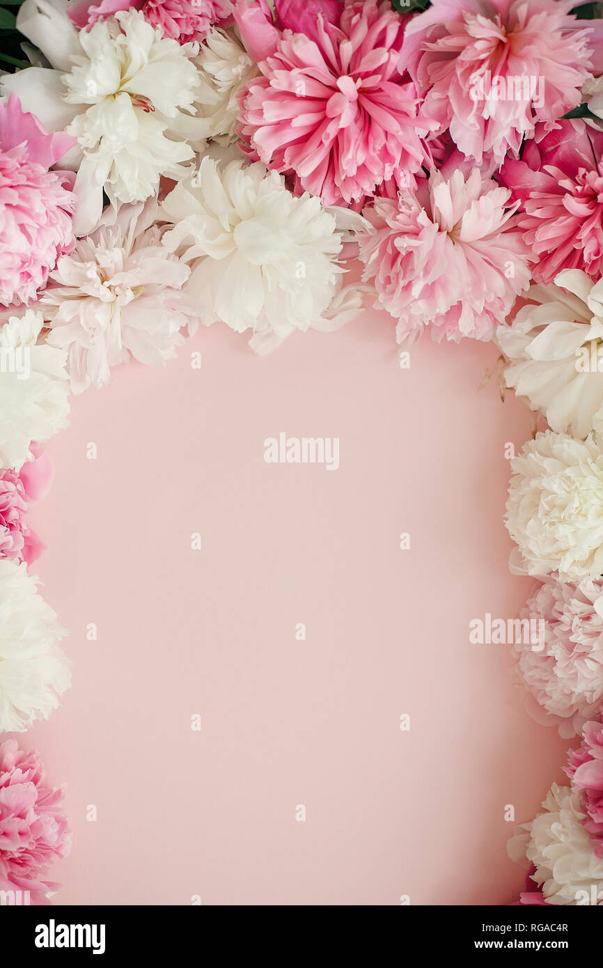 Happy mothers day floral greeting card mockup. Stylish peonies flat lay ...
