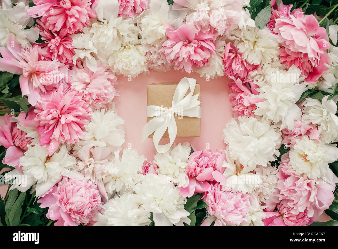 Pink and white peonies with gift box on pastel pink paper. Stylish ...