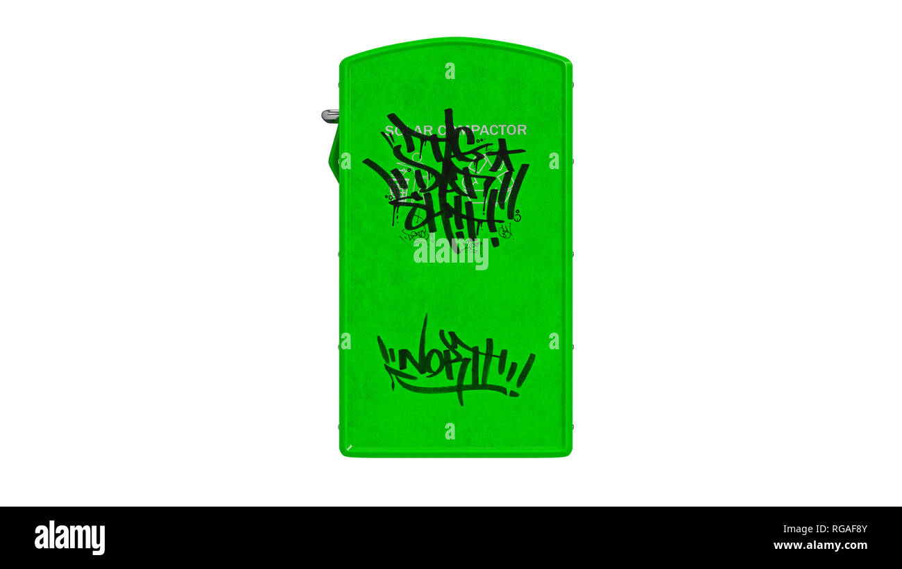 Newspaper box metal green, isolated on white background, side view. 3D ...