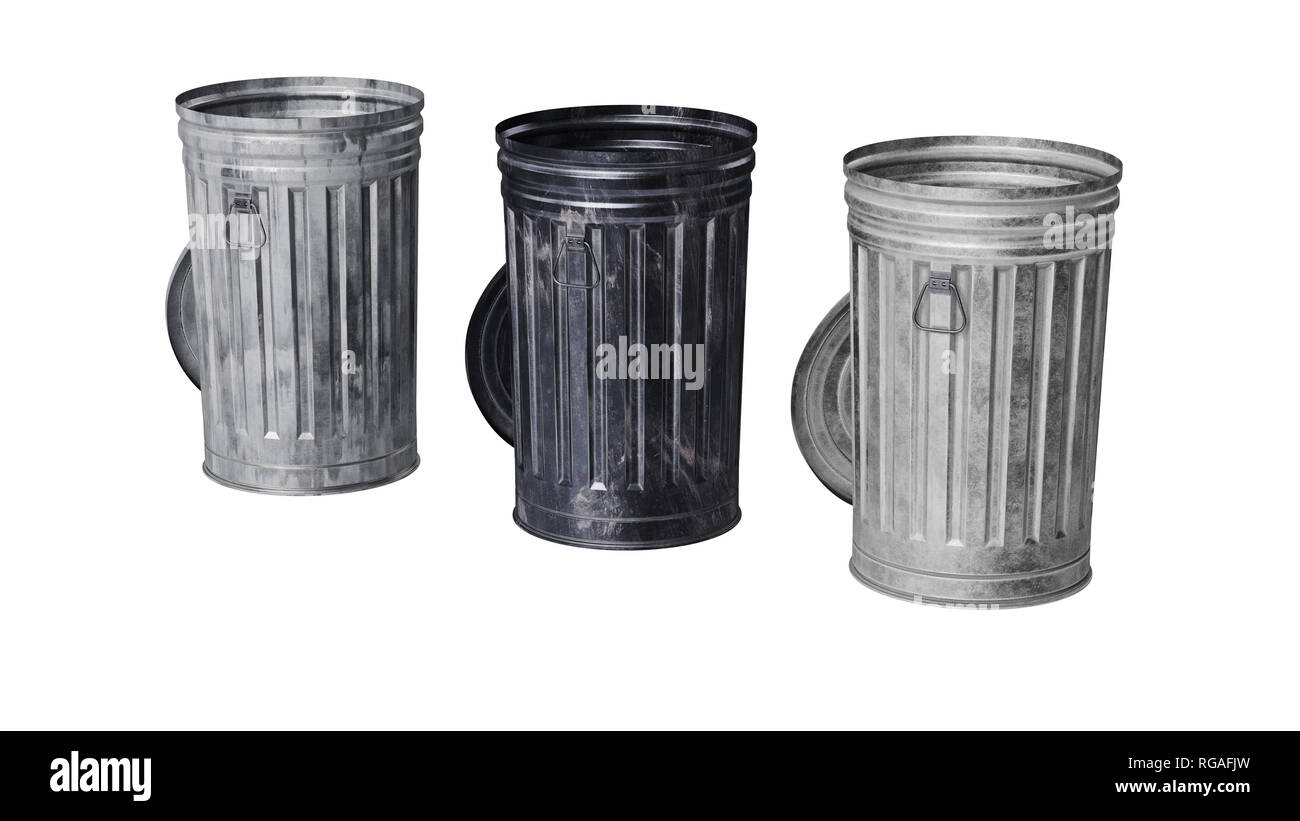 Trash can bin metal set, isolated white background. 3D rendering Stock ...