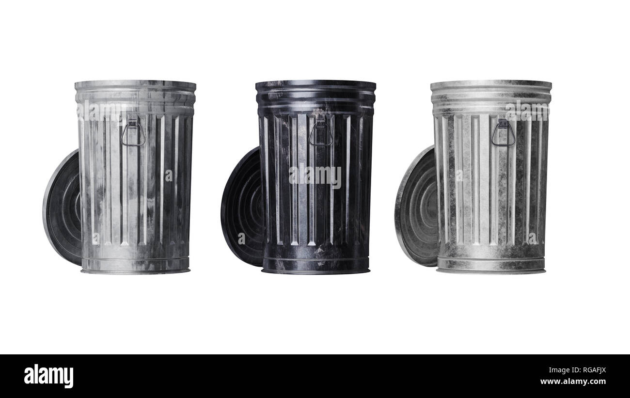 Trash can metal, isolated white background, front view. 3D rendering ...