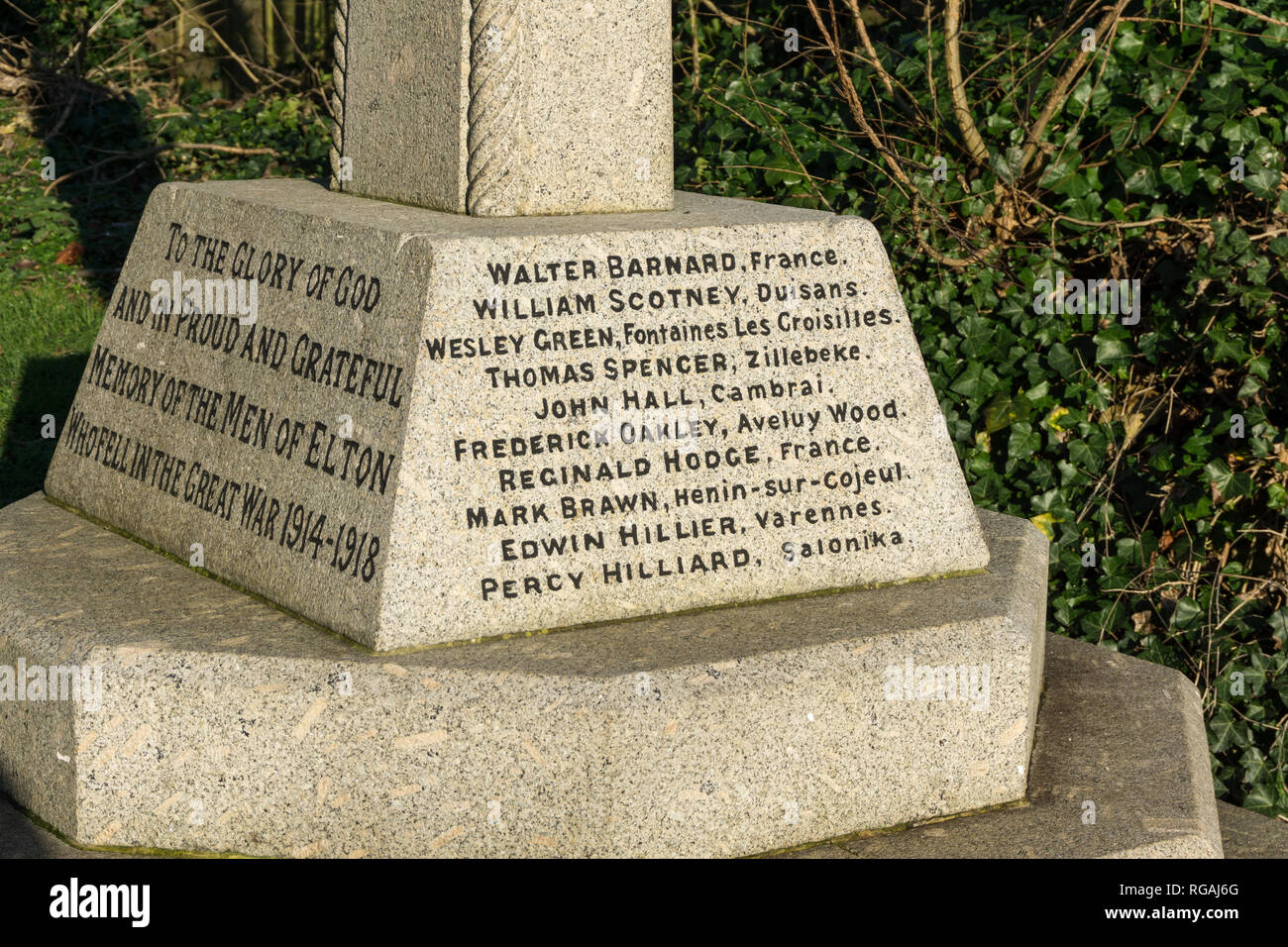 Close up of inscriptions on the WW1 war memorial, All Saints church ...