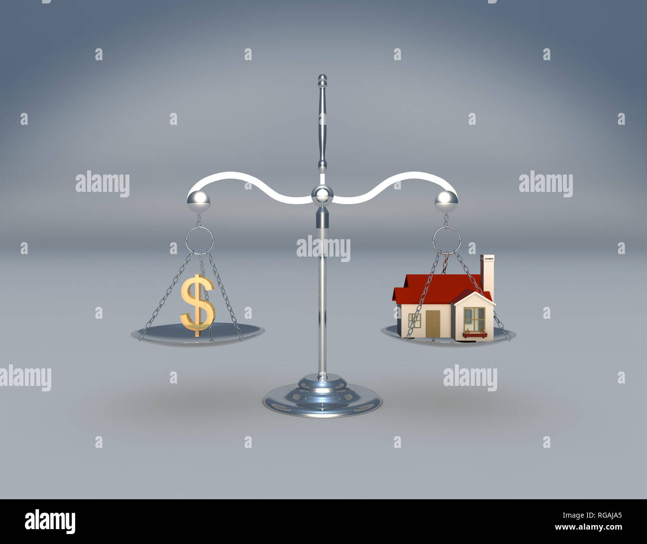 Scale with money symbol and house Stock Photo - Alamy