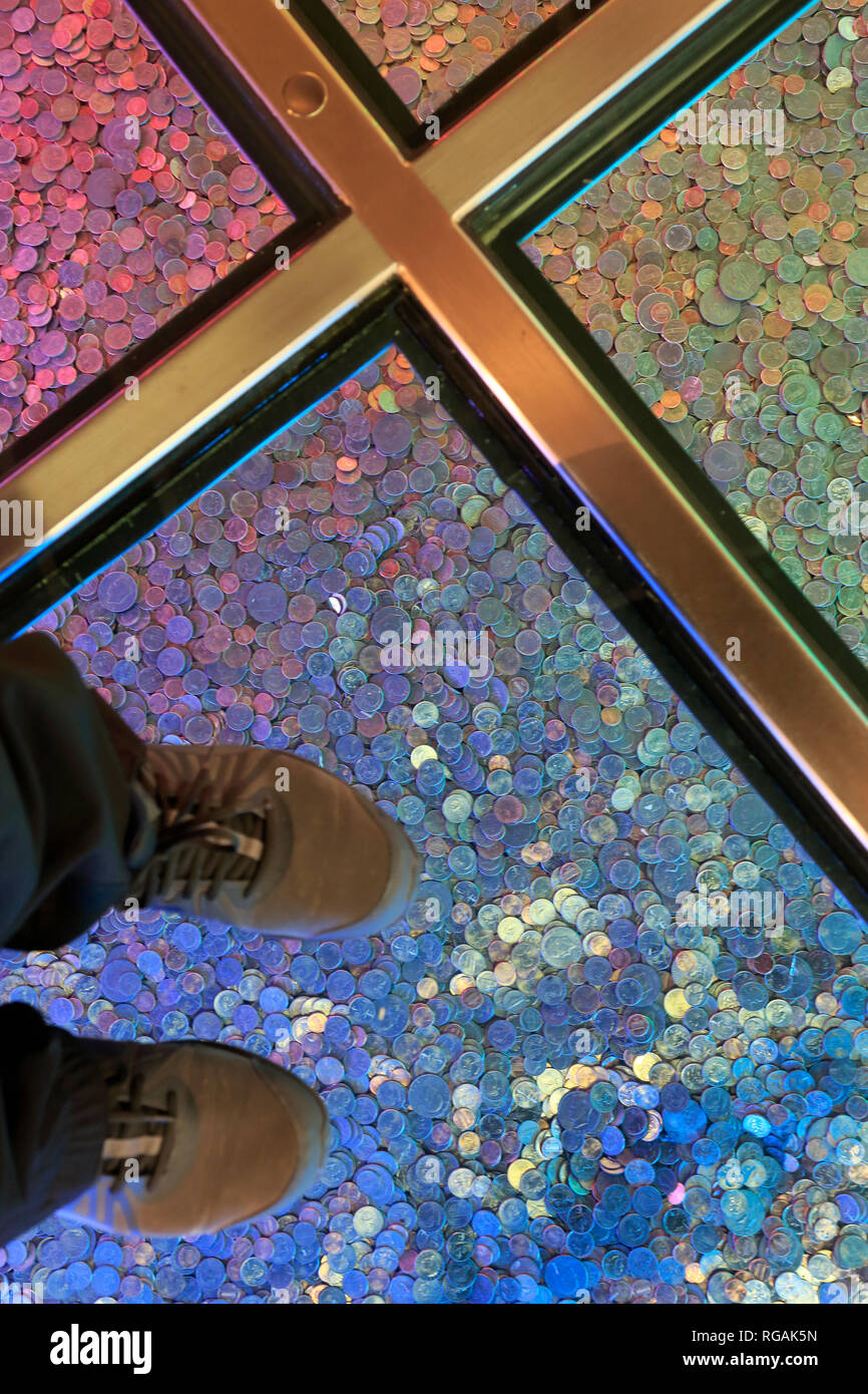US coins displaying under glass floor at Money Museum of Federal ...