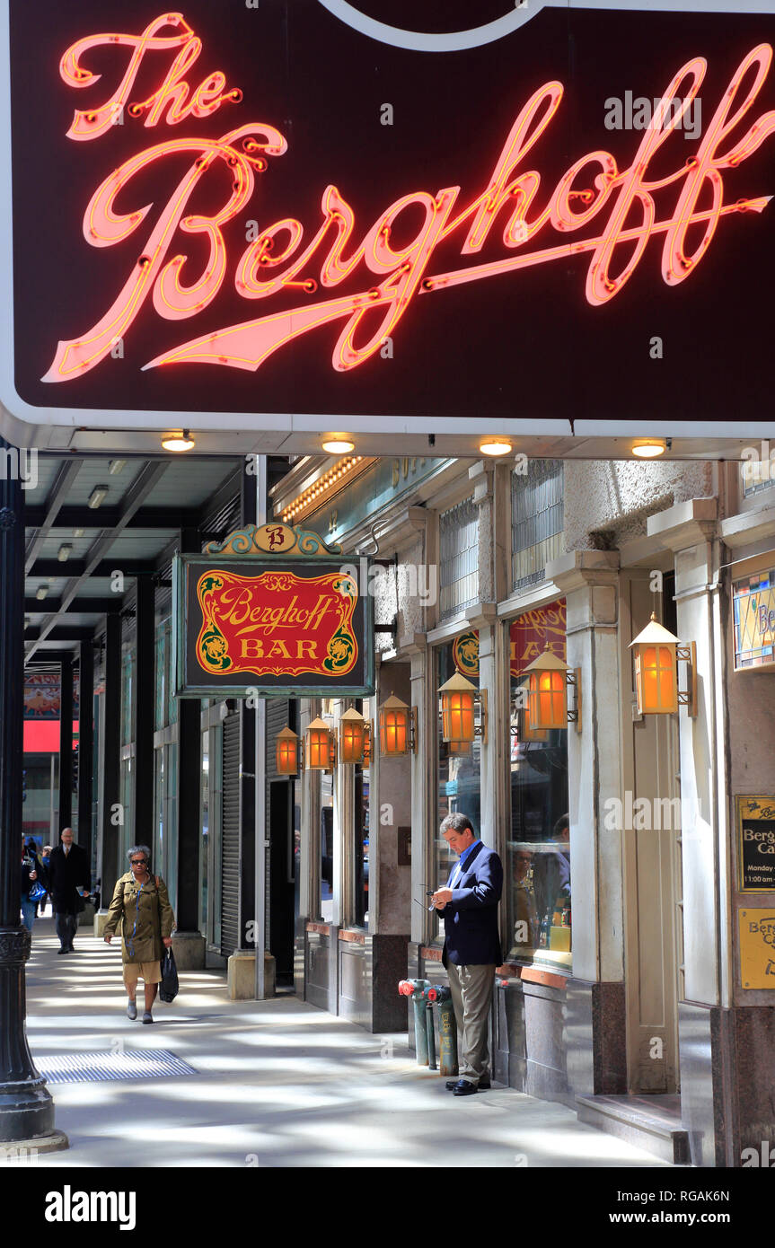 Historic the Berghoff restaurant with neon signs on West Adams Street ...