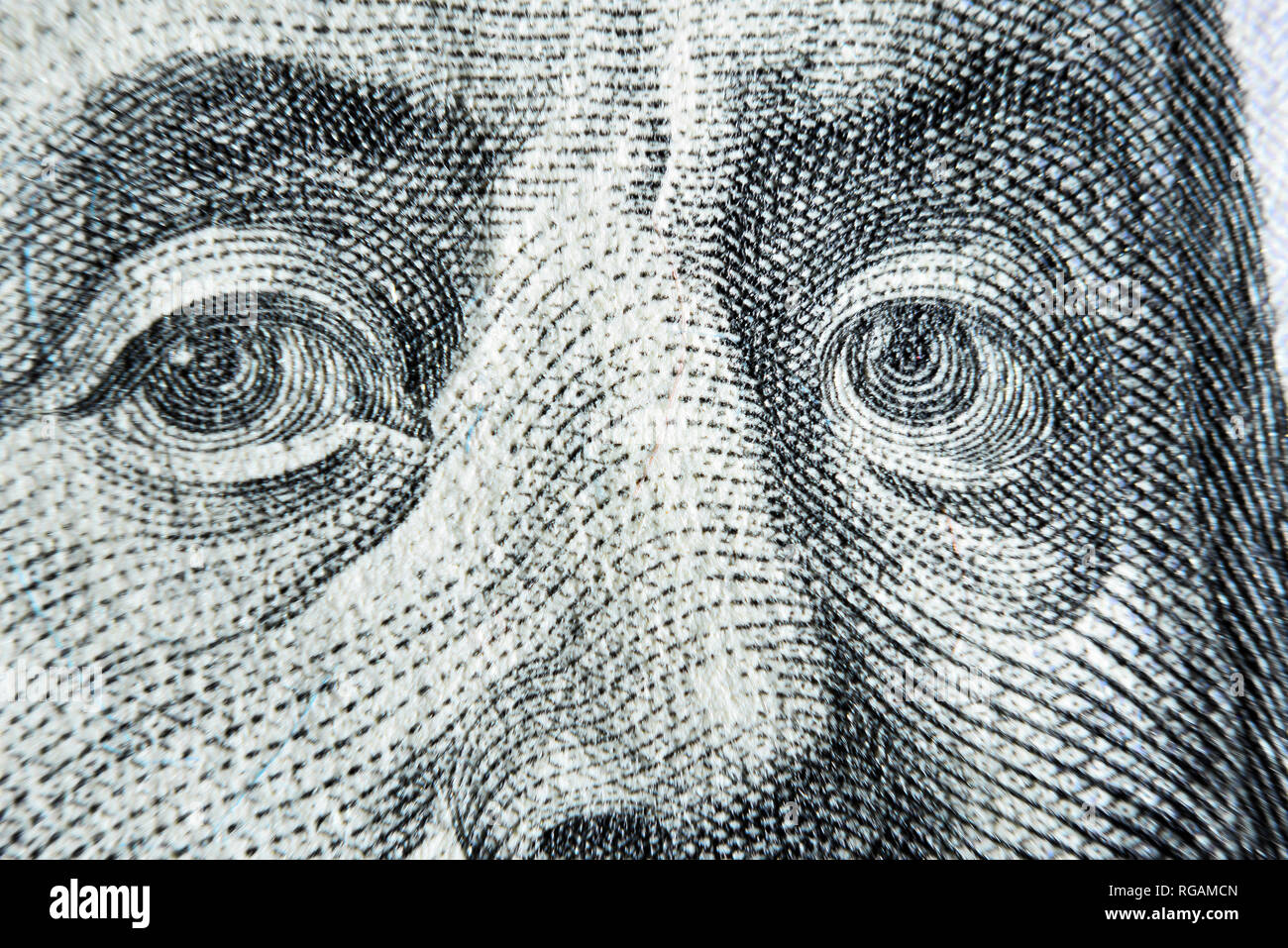 Dolar USA close up. Franklin eyes macro. The texture of the fragment of ...