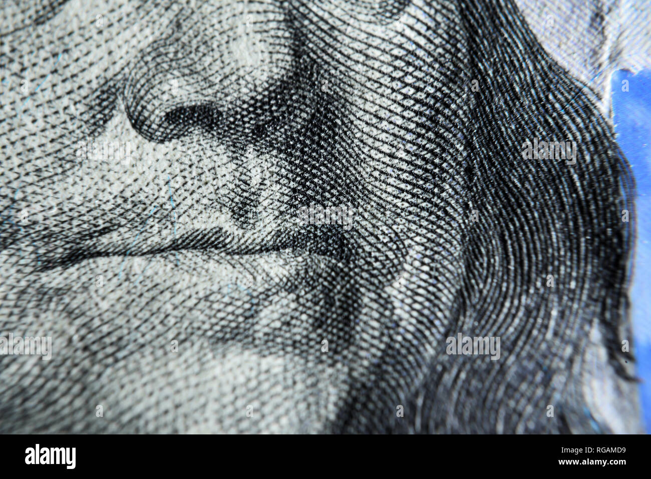 Dolar USA close up. Bennjamin Franklin mouth. The texture of the ...