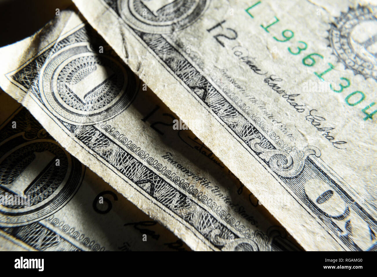Dolar USA close-up. Old battered crumpled bills macro. The texture of ...