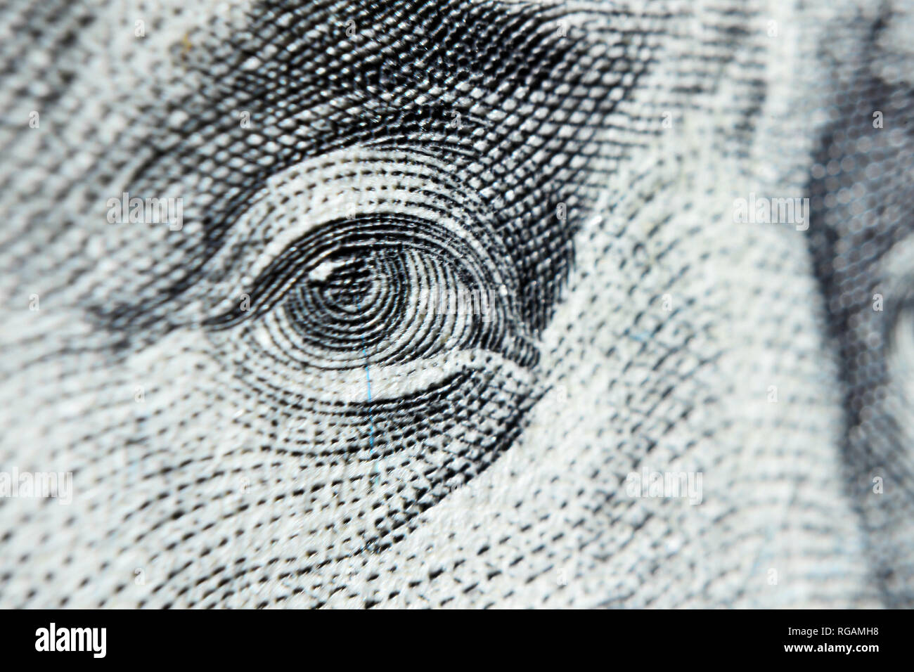 Dolar USA close up. Franklin eyes macro. The texture of the fragment of ...