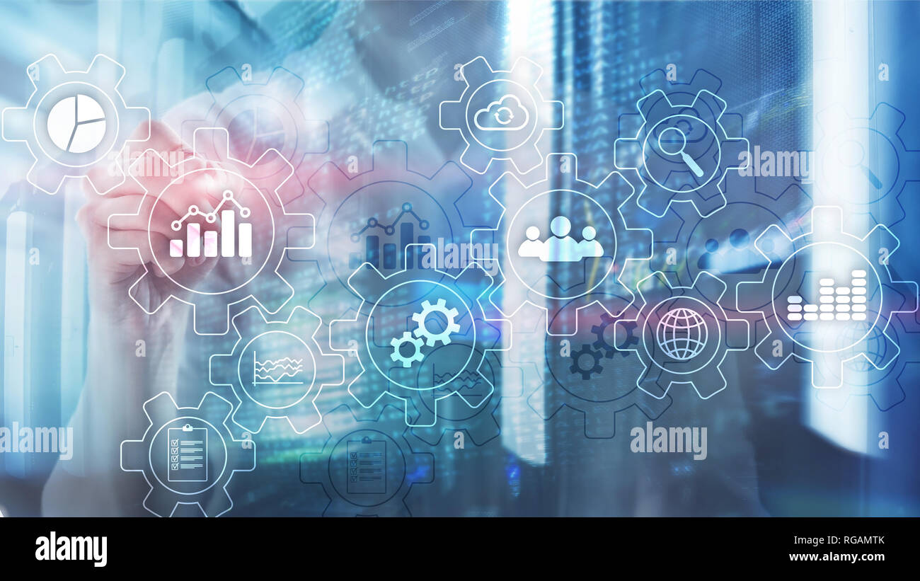 Business process abstract diagram with gears and icons. Workflow and ...
