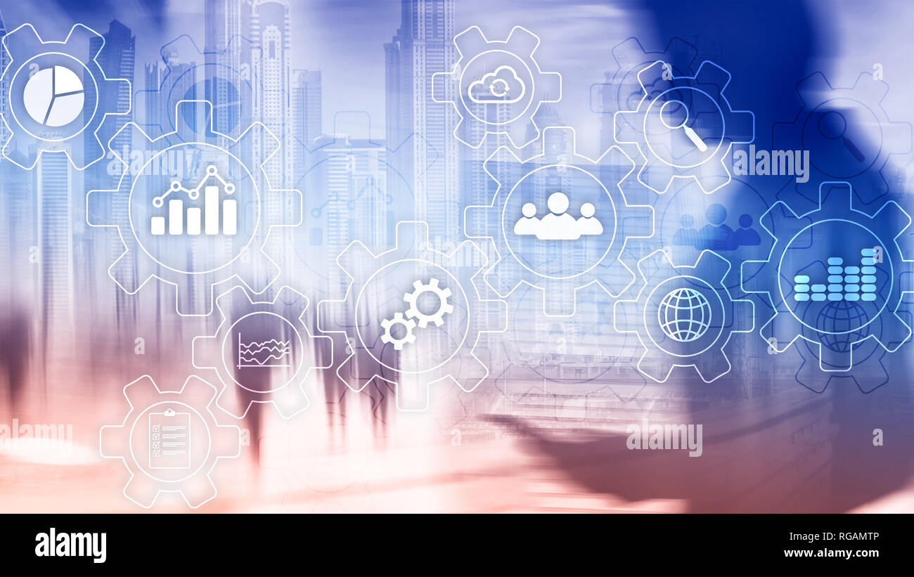 Business process abstract diagram with gears and icons. Workflow and ...