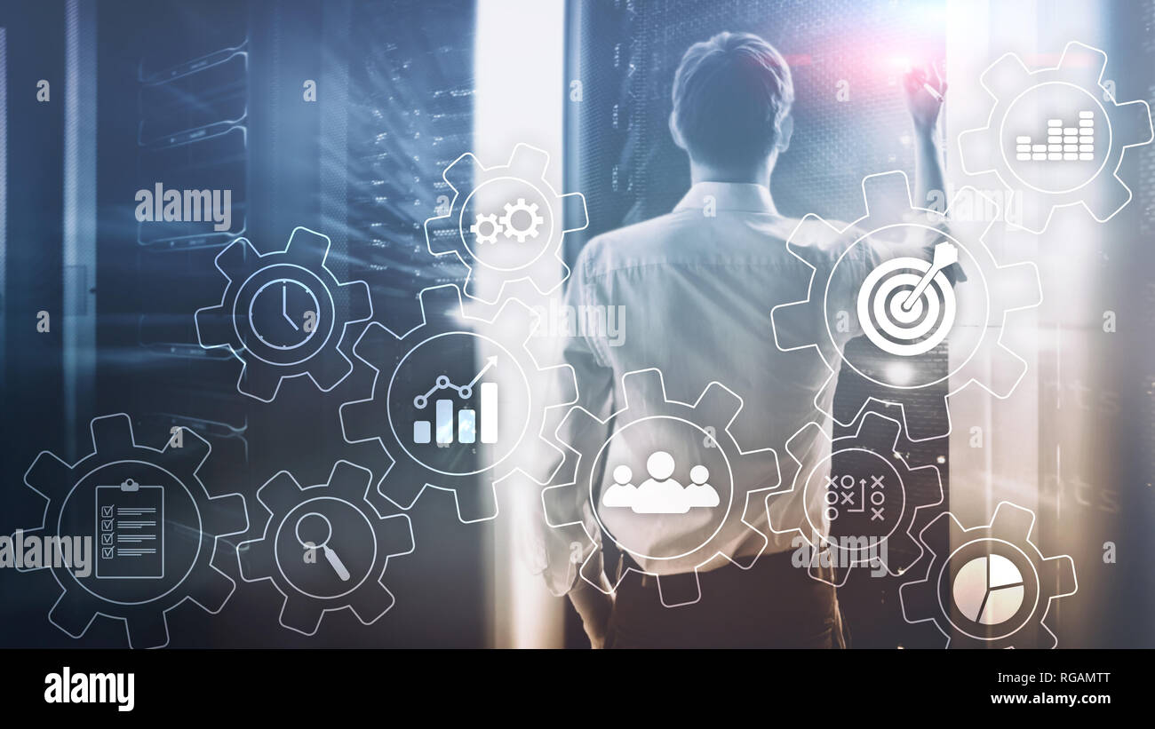 Business process automation concept. Gears and icons on abstract ...