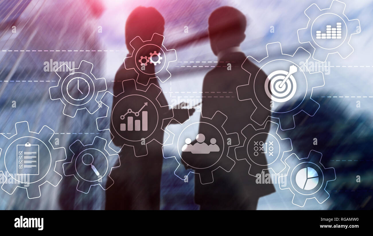 Business process automation concept. Gears and icons on abstract ...