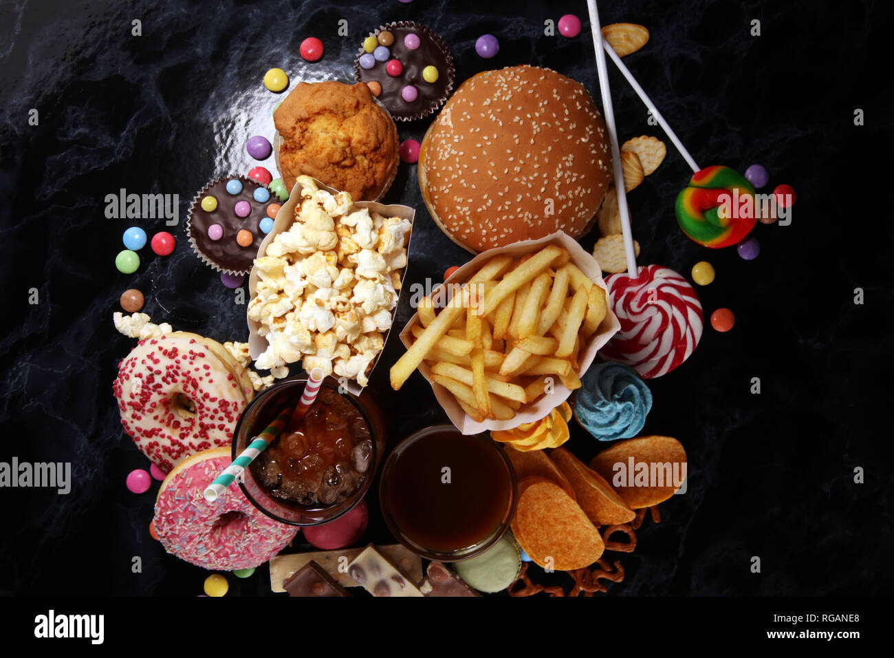 Unhealthy products. food bad for figure, skin, heart and teeth ...