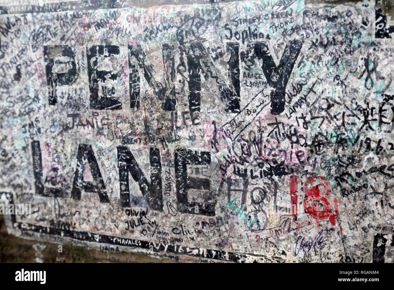 Penny Lane in Liverpool, England. The street sign is one of the stops ...