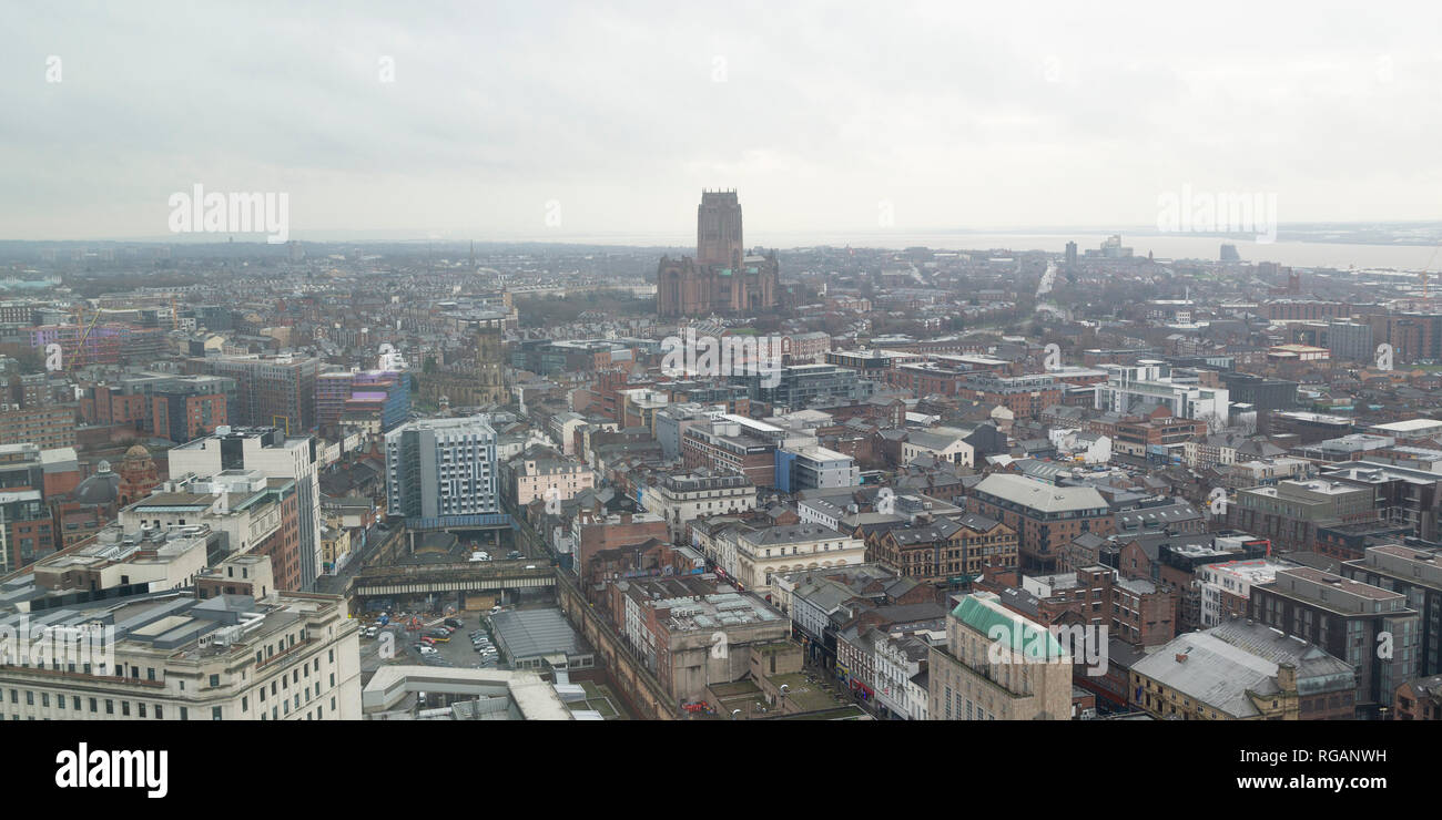 The city of Liverpool in north-west England. Liverpool Cathedral rises ...
