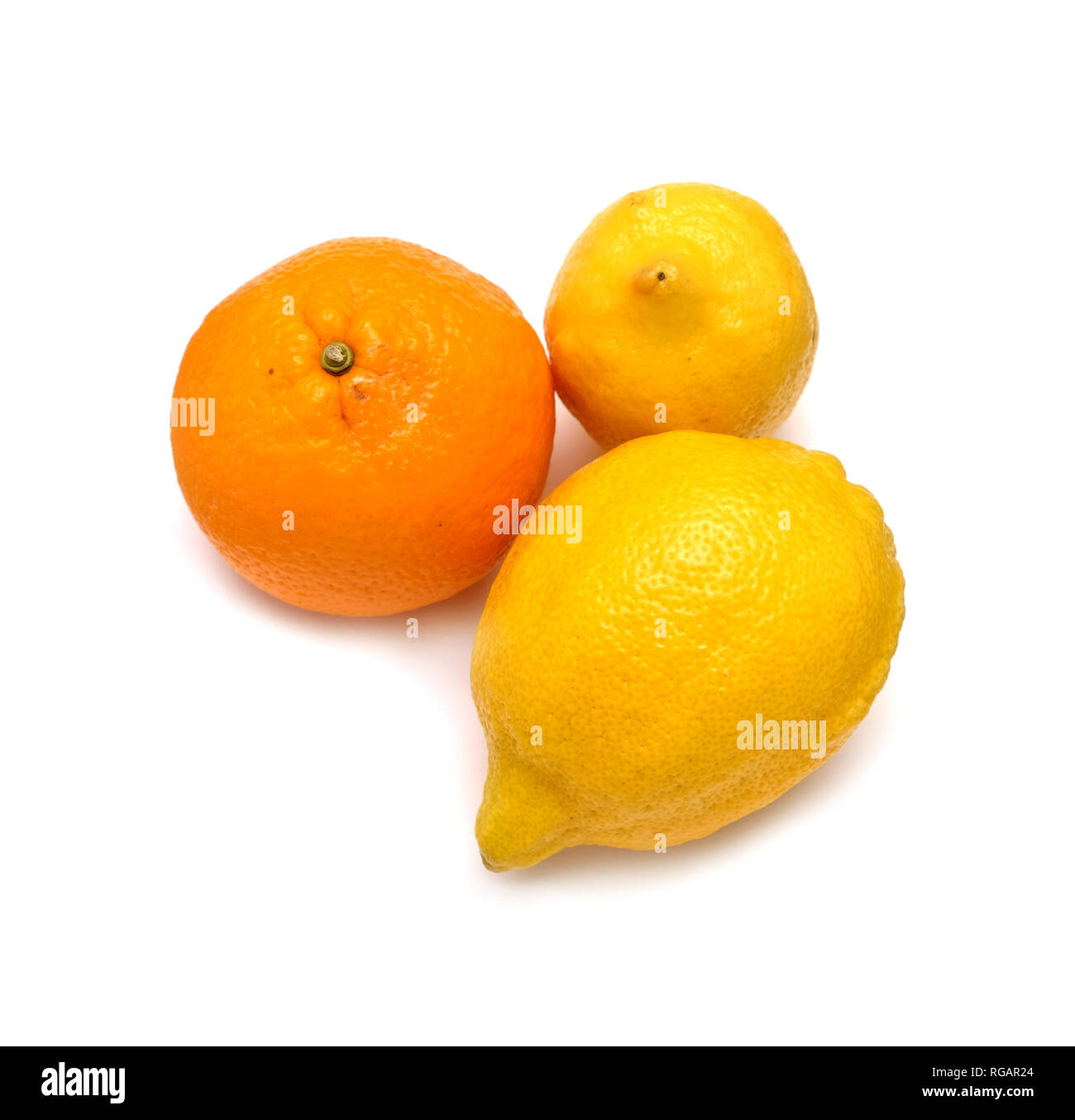Still-life with ripe two lemons and orange isolated on white background ...
