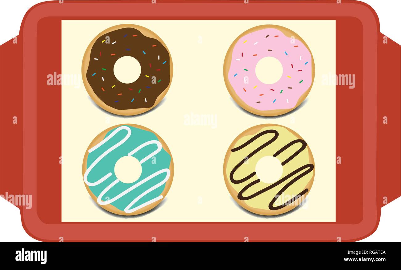 Set of sweet glazed donuts with topping on red tray vector Stock Vector ...