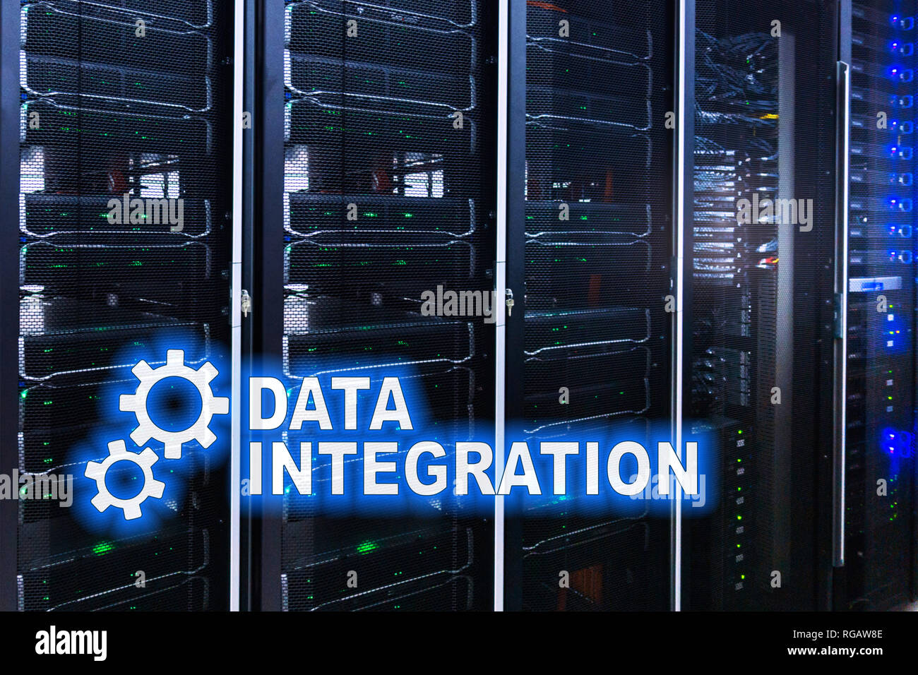 Data integration information technology concept on server room ...