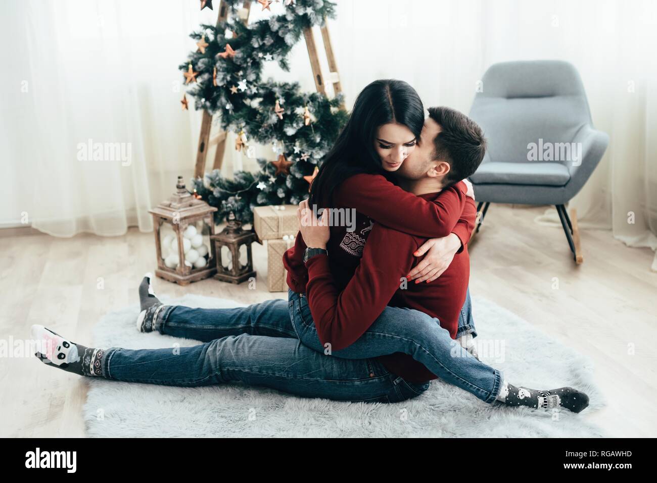 Romantic couple in love happy about being together celebrating winter ...