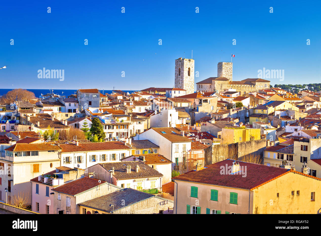 Historic French riviera old town of Antibes seafront and rooftops view ...