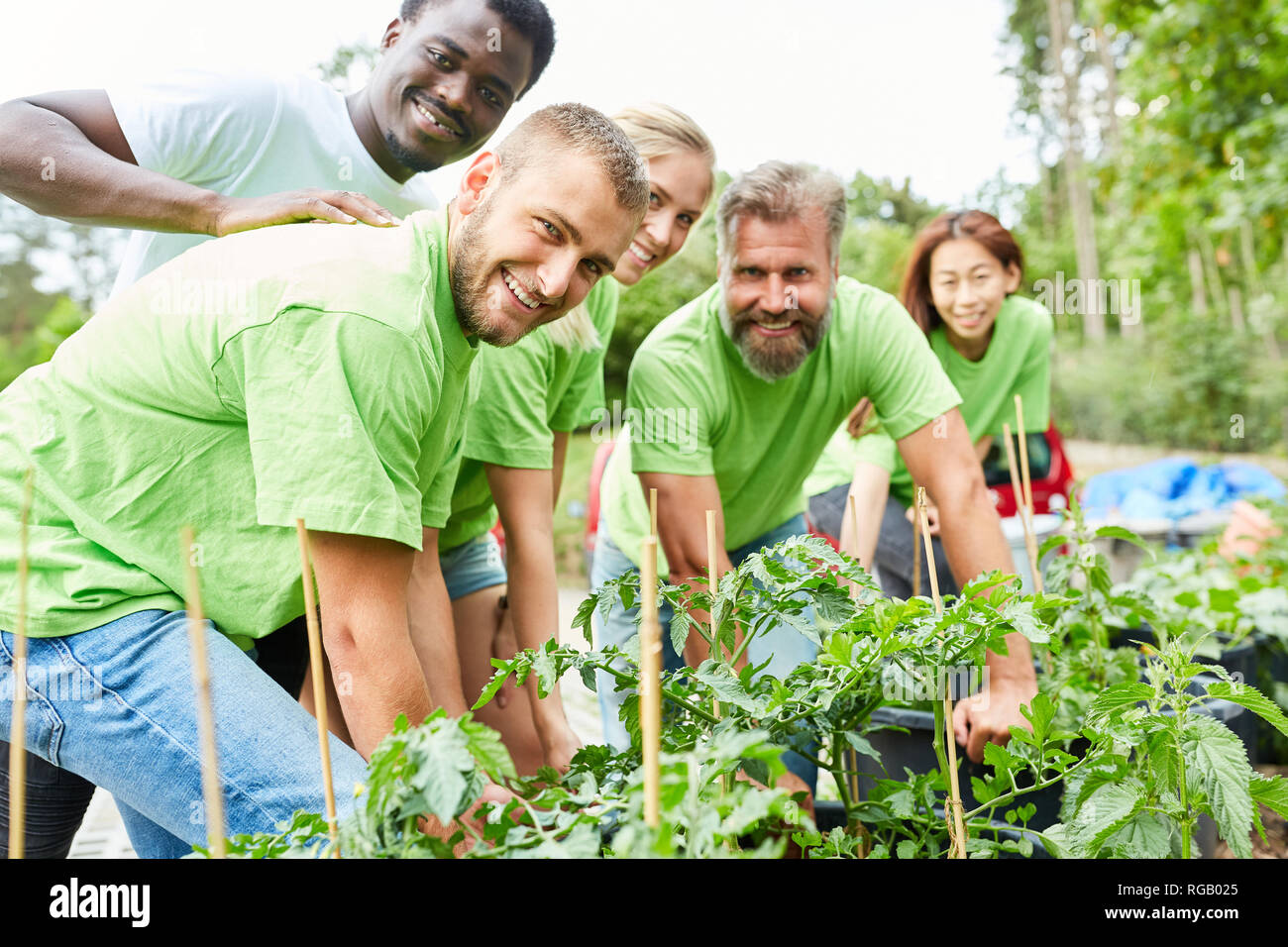Team volunteers with many plants in a planting campaign for climate ...