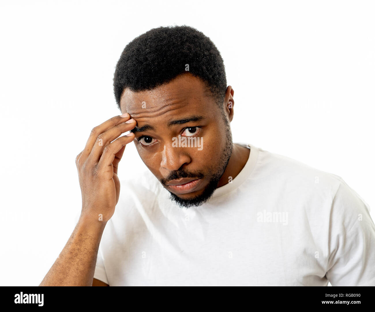 Portrait of attractive man sad and depressed suffering depression ...