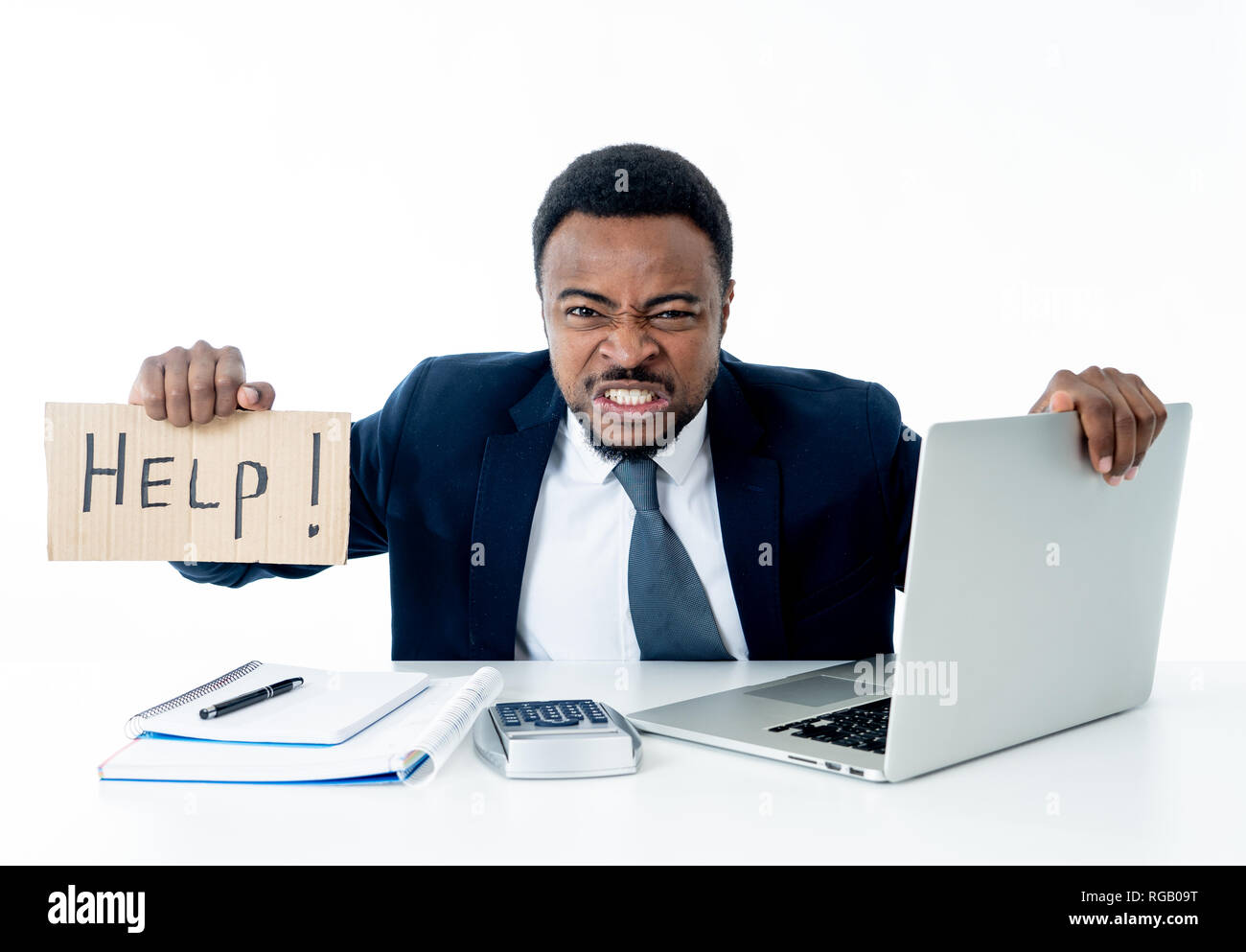 Desperate african american businessman with laptop computer suffering ...